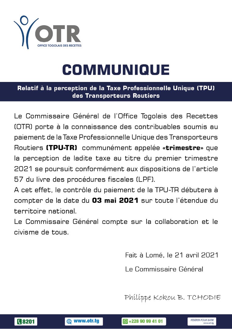 OTR (OFFICE TOGOLAIS DES RECETTES) Togo : Offices nationaux, Lomé
