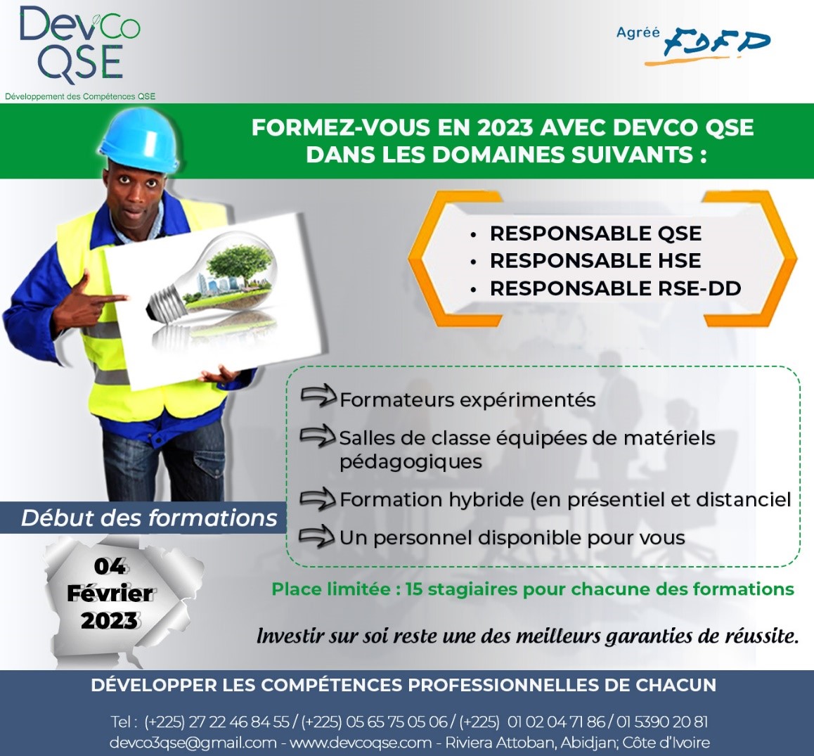 DEVCO-QSE (DEVELOPPEMENT DES COMPETENCES QSE): Formation professionnelle, Abidjan - Côte d'ivoire
